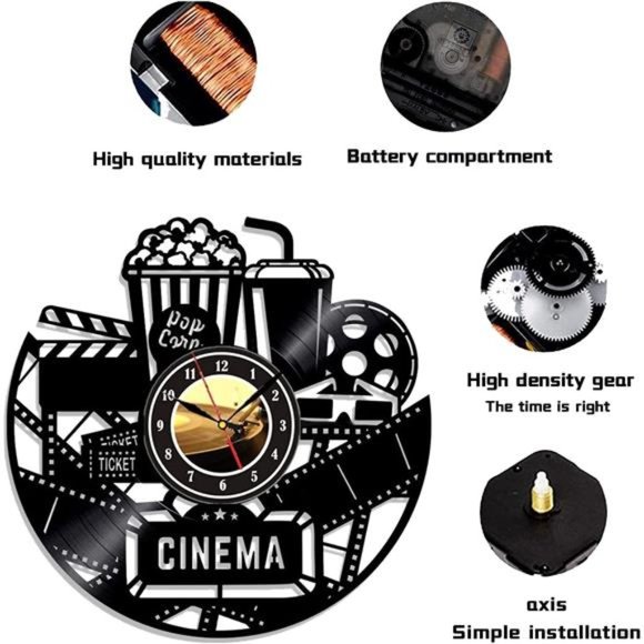 Wall Decor | Home Theater Cinema And Popcorn Vinyl Record Wall Clock ...
